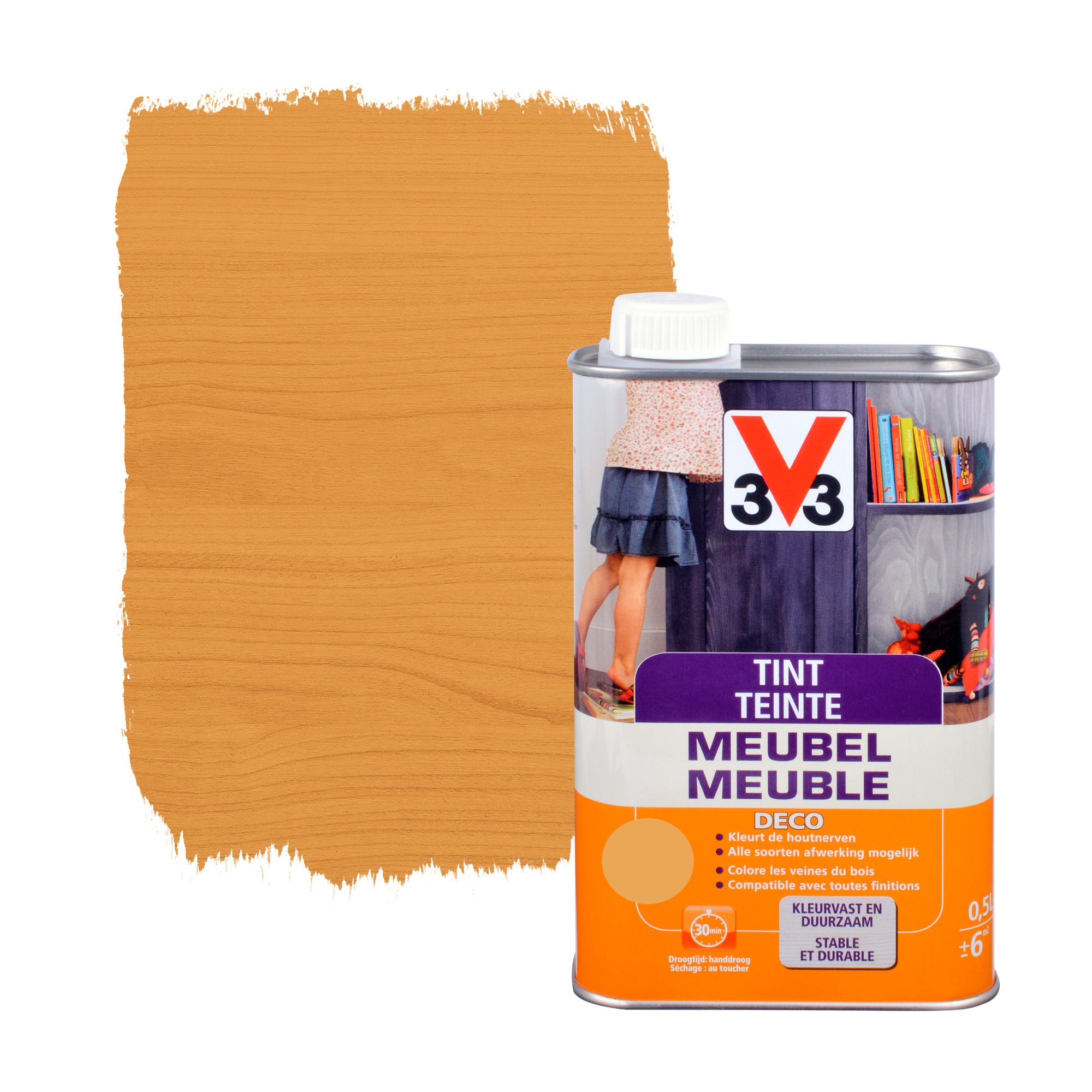 V33 tint meubel deco zijdeglans midden eik 500 ml | Beits, oliën & vernis | Verf & behang | GAMMA.be